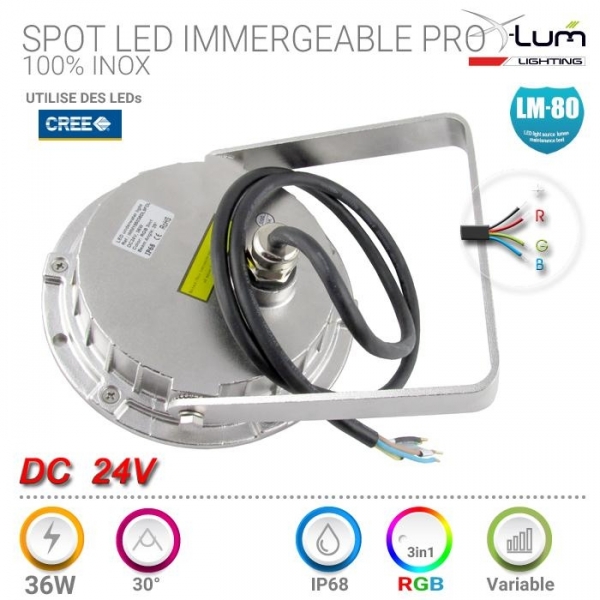 SPOT LED 36W RGB 3en1 24V DC 30° IP68 INOX 316 IMMERGEABLE Gar:2 ans