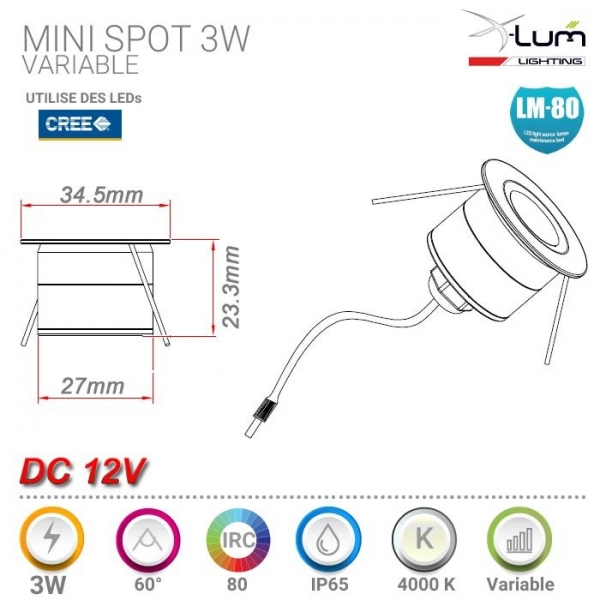 MINISPOT 3W ROND 4K 30° IP65 12V Dimmable Gar:2ans