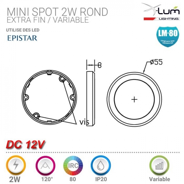KIT 3 SPOTS 2W LED ULTRA FIN 7mm x 60mm CHAUD 150Lm 12VDC 120° SANS TRANSFO