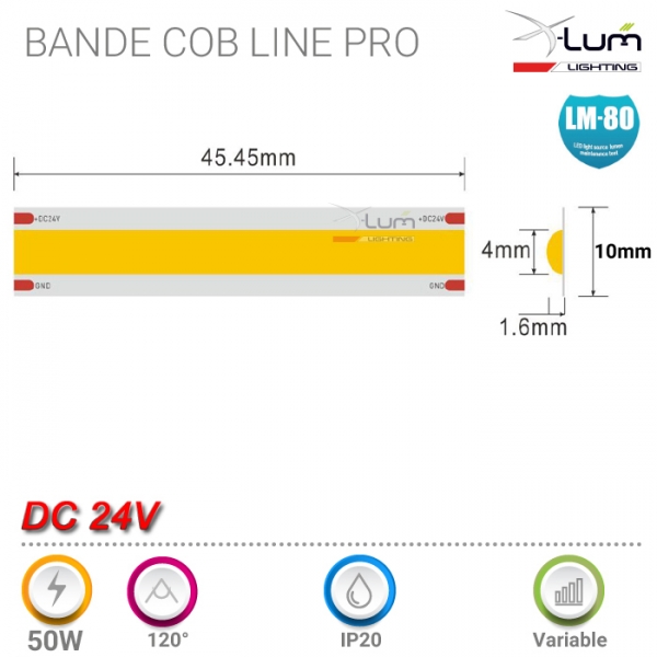 BANDE LED COB 55W 2700K IP20 24V CRI90 Gar:2 ans